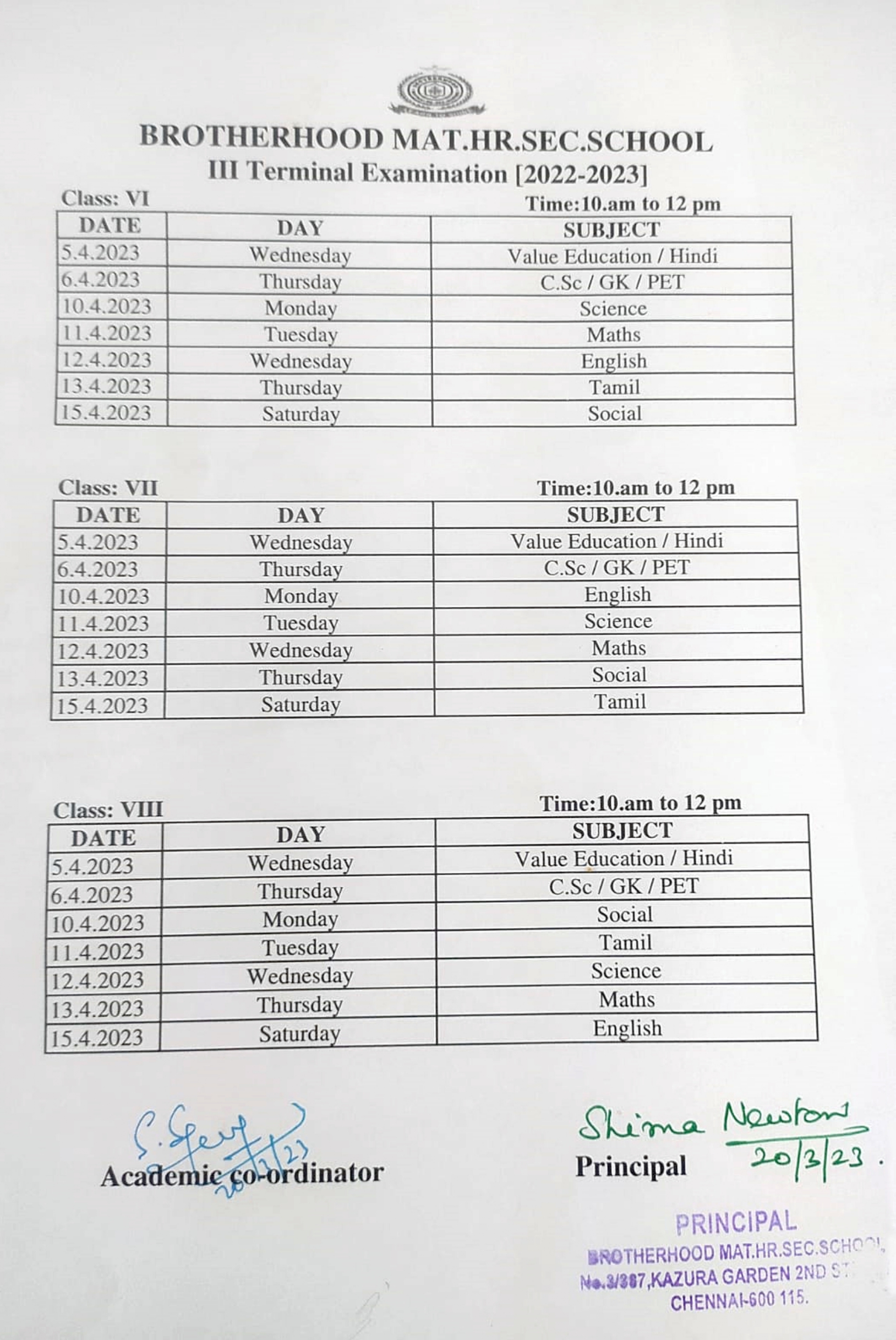 6 To 8 Annual Exam Time Table 2023 BROTHERHOOD MATRIC HR SEC 6 To 8 Annual Exam Time Table 2023 BROTHERHOOD MATRIC HR SEC