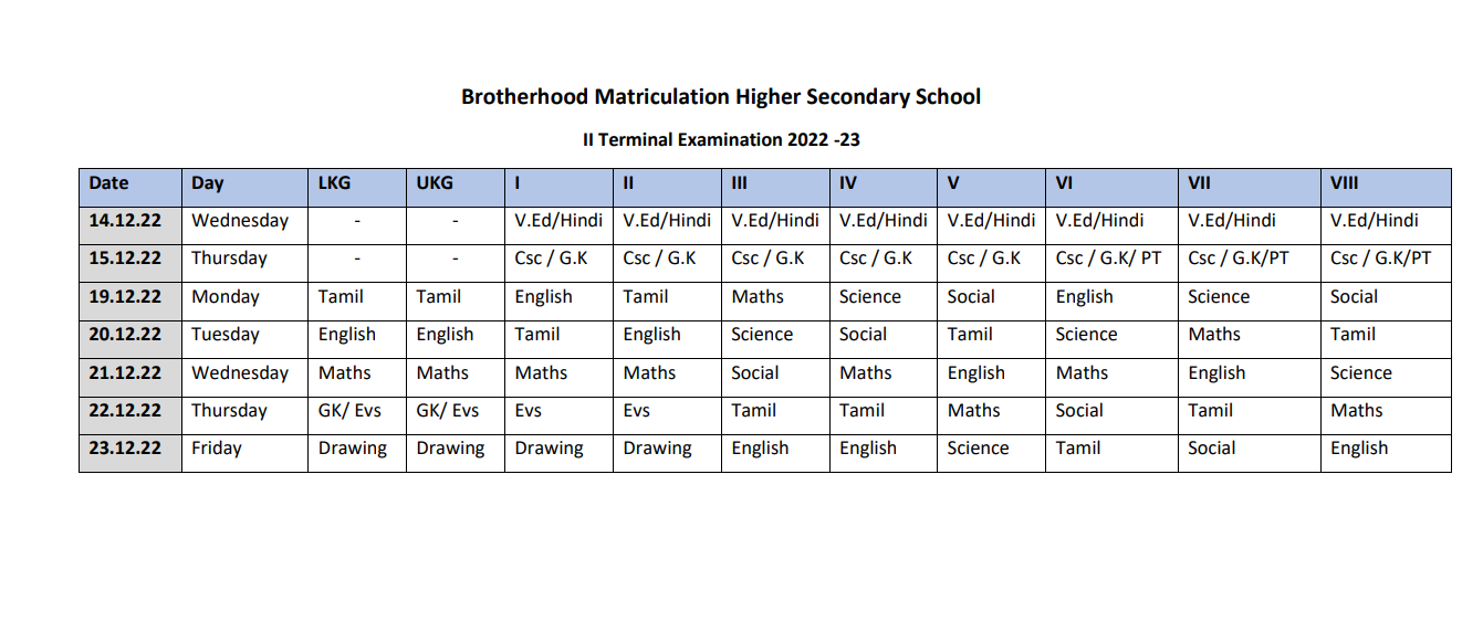 II TERM Exam 2022 Timetable (KG to VIII) – BROTHERHOOD MATRIC. HR. SEC ...
