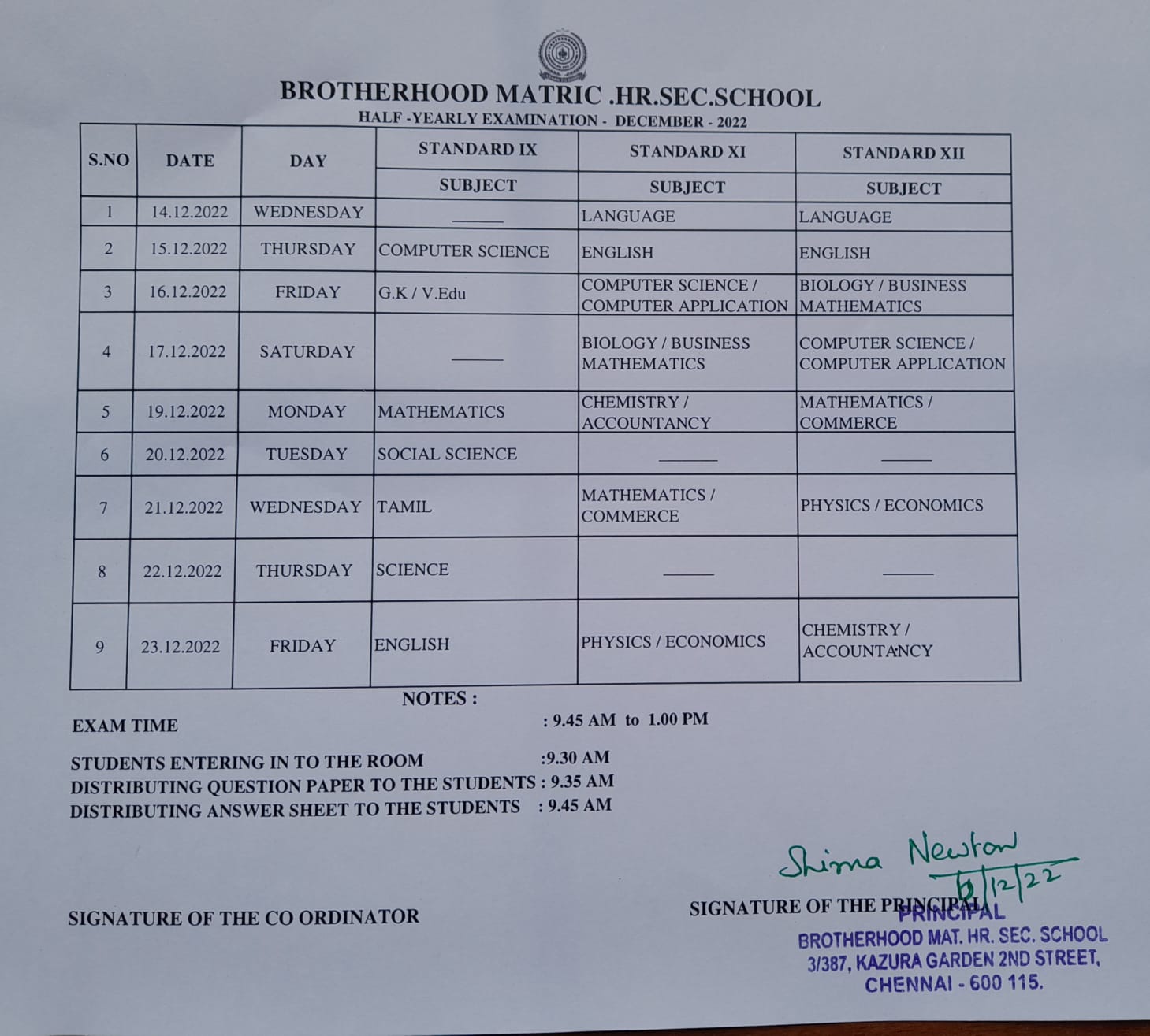 II Term Exam Timetable 2022-23 (STD.IX to XII) – BROTHERHOOD MATRIC. HR ...