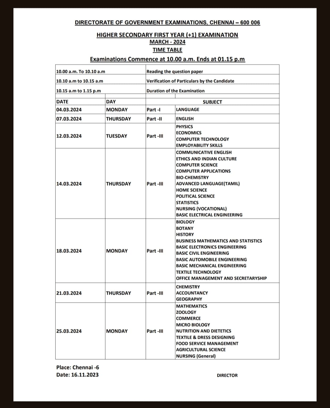 XI Std Examination Timetable 2024 / – BROTHERHOOD MATRIC. HR. SEC. SCHOOL
